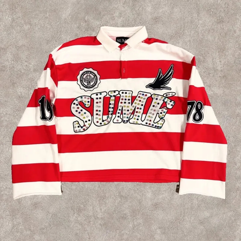 Y2K Retro Long Sleeve Polo Stripe Sume Embroidery Pattern Shirt Men Tr ...